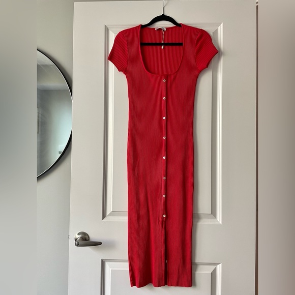 Zara | Dresses | Zara Ribbed Bodycon Red Button Up Midi Dress | Poshmark
